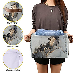 Gougeta Foldable Storage Basket with Handle, Grey Blue Marble Rectangular Canvas Organizer Bins for Home Office Closet Clothes Toys 2 Pack