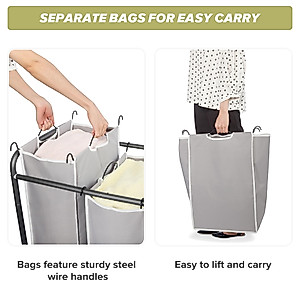 STORAGEIDEAS Laundry Sorter Hamper with Wheels, Heavy-Duty Laundry Sorter Rolling Cart, Lockable Wheels and Removable Bags, 3 Sections, Grey