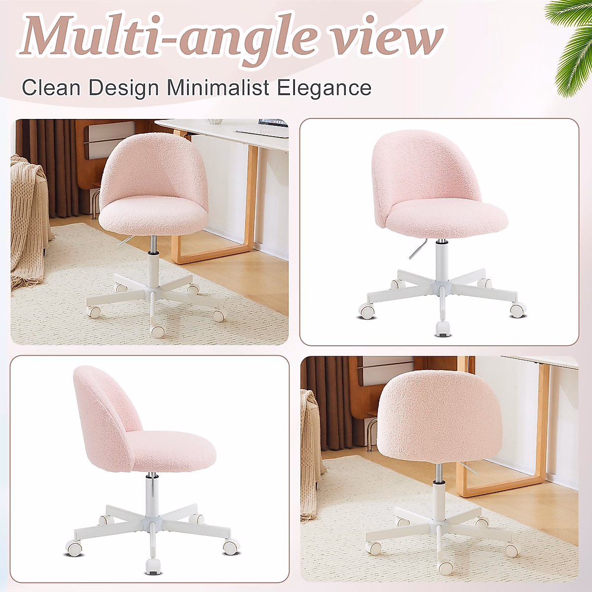 VINGLI Candy Chair Armless Cute Desk Chair,Comfy Small Office Chair with Wheels,Vanity Chair with Lumbar Support,Teddy Adjustable Rolling Swivel Computer Task Chair for Home Office,Bedroom,Gentle Pink