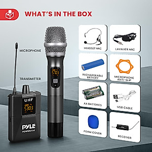 Pyle UHF Wireless Microphone System Kit - Portable Professional Cordless Microphone Set Wireless Mic - Headset, Lavalier, Beltpack Transmitter, Receiver - Karaoke, Conference PDWMU114, Black