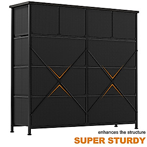 REAHOME 10 Drawer Dresser for Bedroom Fabric Storage Tower Wide Black Dresser with Wood Top Sturdy Steel Frame Storage Organizer Unit for Living Room Hallway Entryway Closets Nursery (Charcoal Black)