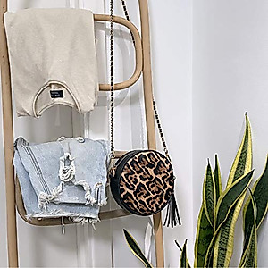Women Round Cross Body Bag Tassel Circle Purse Chain Shoulder Handbag Clutch Wristlet (Leopard)
