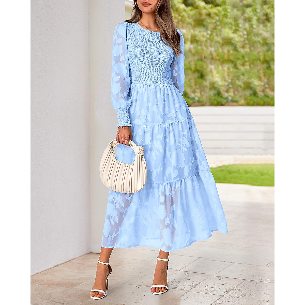 BTFBM Casual Women's 2025 Fall Dresses Elegant Wedding Guest Dress Long Sleeve Floral Midi Dress Flowy Bohemian Long Dress(Blue,X-Large)