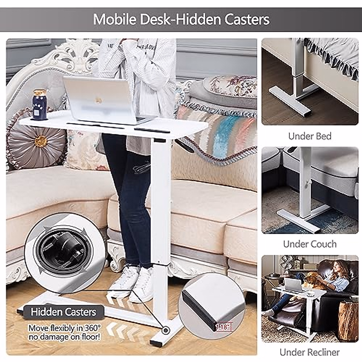 BeGyoku Overbed Table,Hospital Bed Table,Pneumatic Bed Tables Adjustable Over The Bed with Hidden Wheels&USB Port,Mobile Laptop Table Cart and Rolling Bedside Table with Tray Hospital Home Use-White