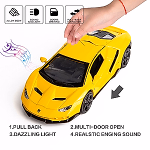 WAKAKAC Model Car Compatible for 1/32 Lambor LP770 Pull Back Toy Car Alloy Toy Vehicle with Light and Sound Music Car for Kids Boys Girls Birthday Gift(Yellow)