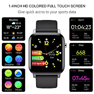 Esprosper Smart Watch for IP68 Waterproof 5ATM, Fitness Tracker Heart Rate Monitor Sports Digital Watch with 1.4" HD Square Shaped Screen and Silicone Strap (Black)