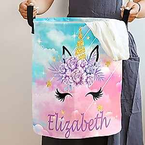 Unicorn Laundry Basket Personalized Laundry Hamper Custom with Name for Girl Rainbow Collapsible Waterproof Storage Basket with Handles (Option 15)