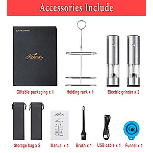 Rechargeable Electric Salt and Pepper Grinder Set with Holder - Nicely Packaged Giftable - No Battery Needed - Automatic Pepper Mill & Adjustable Coarseness & LED Light Refillable - Stainless Steel