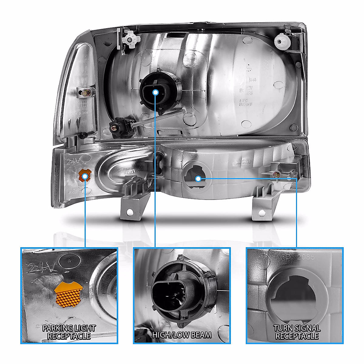 AmeriLite OE Chrome Replacement Headlights 4pcs Set w/Socket Bulb for 1999-04 Ford Excursion/Super Duty F250 F350 F450 F550 Truck - Passenger and Driver Side