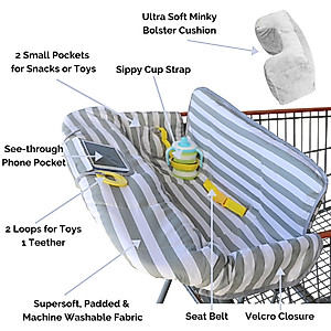 Suessie Shopping Cart Cover and High Chair Cover with Bolster Support Pillow, Gray and White Stripe with Cushion