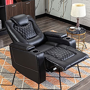 ANJ Power Recliner Chair with USB Ports and Cup Holders - Overstuffed Electric Home Theater Seating PU Leather Reclining Furniture with Hidden Arm Storage, Easy to Clean (Black)