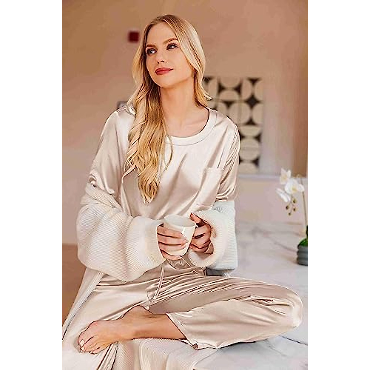 Ekouaer Pjs Womens Satin Nightwear Long Sleeve Sleep Set Champagne 2 Pieces Sleepwear Set Two Piece Bride Pajama Champagne XL
