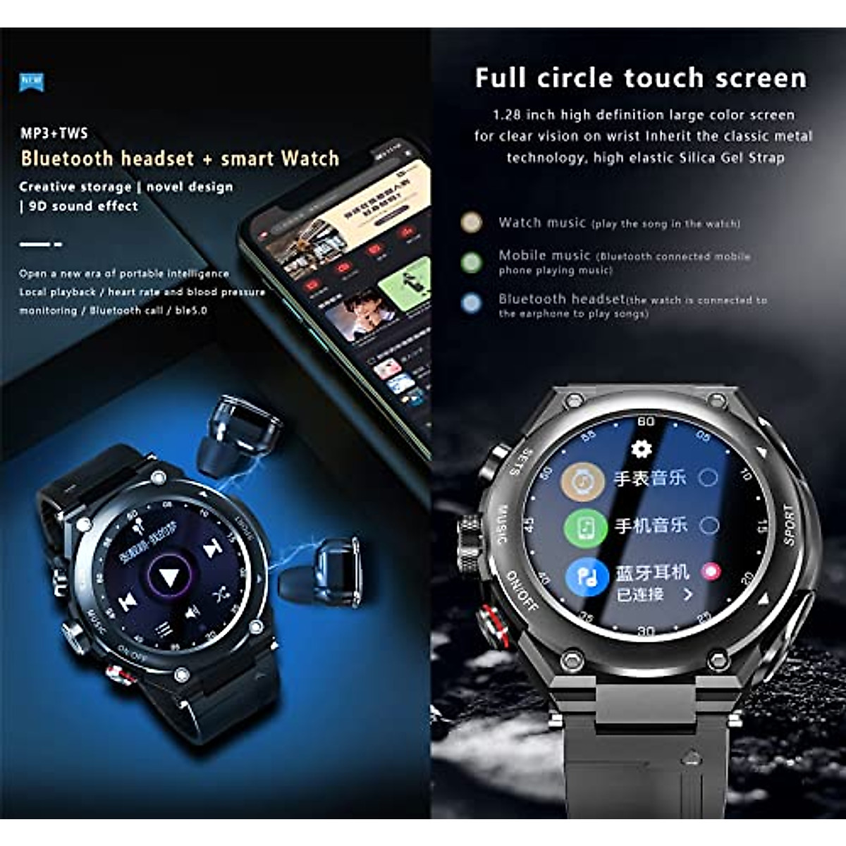 T92 Smart Watch with Earbuds MP3 Bluetooth Headset 3 in 1 1.28 Inch Smartwatch Built-in Wireless Earbuds Speaker Round Fitness Tracker Music Body Health Monitor (Black)