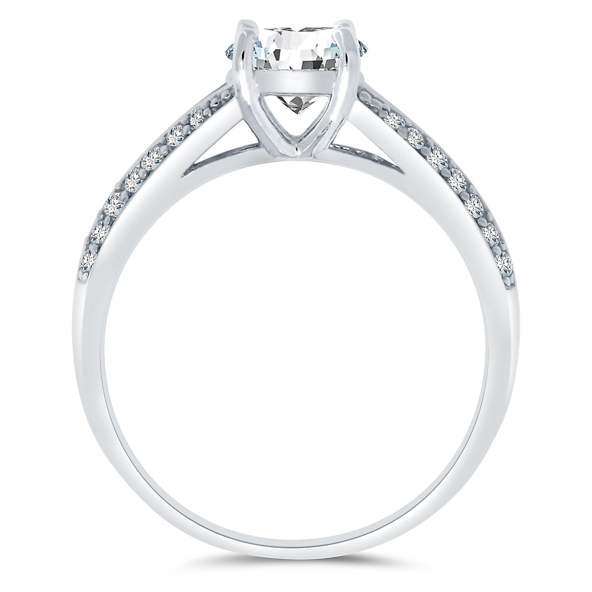 Size 8 - Solid 14k White Gold CZ Cubic Zirconia Engagement Ring - Round Brilliant Cut Solitaire with Round Side Stones (1.5cttw., 1.0ct. Center)