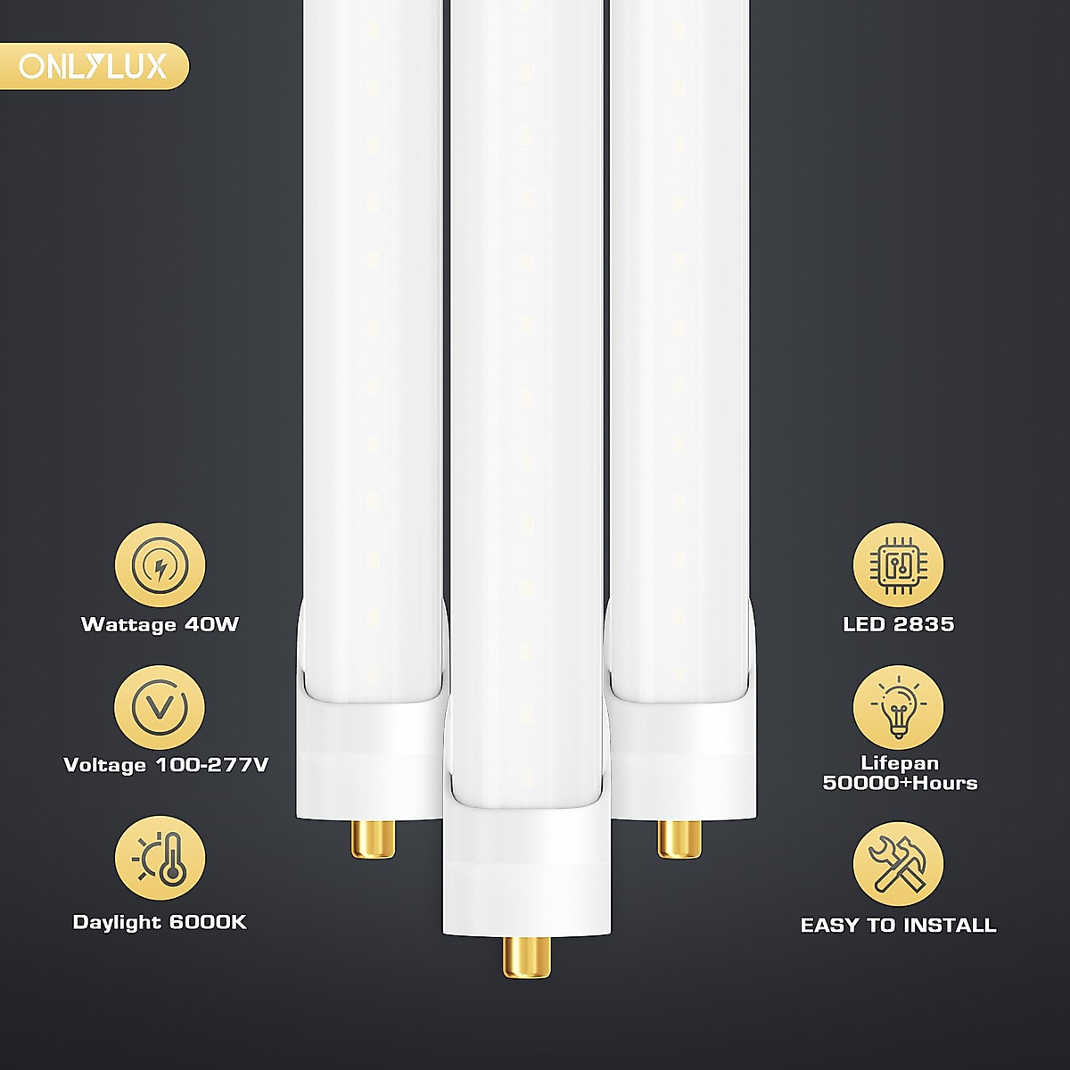 ONLYLUX 8 Foot Led Bulbs T8 T12 LED 8ft Tube Light F96T8 F96T12 LED Bulb 96" FA8 Single Pin LED Fluorescent Replacement, (100W Fluorescent Equivalent) 6500K CW Daylight Milky Cover, 10 Pack