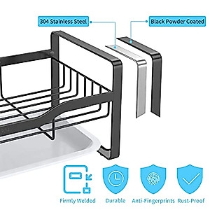 Cade Sink Caddy, Sponge Holder for Kitchen Sink, 304 Stainless Steel, Large Capacity Kitchen Sink Organizer Soap Brush Dispenser, Countertop with Removable Drain Tray (Black)