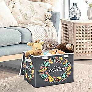 Kigai Mexico Pattern Storage Basket with Lid Collapsible Storage Bin Fabric Box Closet Organizer for Home Bedroom Office 1 Pack