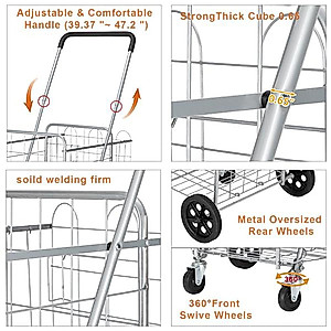 XYYSSM Iron 1200mm Telescopic Armrest 0.8mm 16# Round Tube 50kg Silver Foldable Shopping Cart, Shopping Cart with Dual Swivel Wheels for Groceries - Compact Folding Portable Cart Saves Space