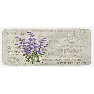 Lunarable Lavender Kitchen Mat, Vintage Postcard Composition with Grunge Display and Flowers, Plush Decorative Kitchen Mat with Non Slip Backing, 47" X 19", Lavender Green