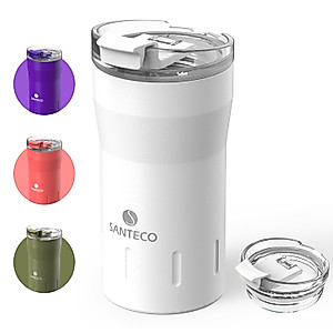 SANTECO Travel Coffee Mug 12 oz, Insulated Coffee Cups with Flip Lid, Stainless Steel Coffee Mugs Spill Proof, Double Wall Vacuum Tumblers, Reusable To Go Mug for Hot/Ice Coffee Tea - White