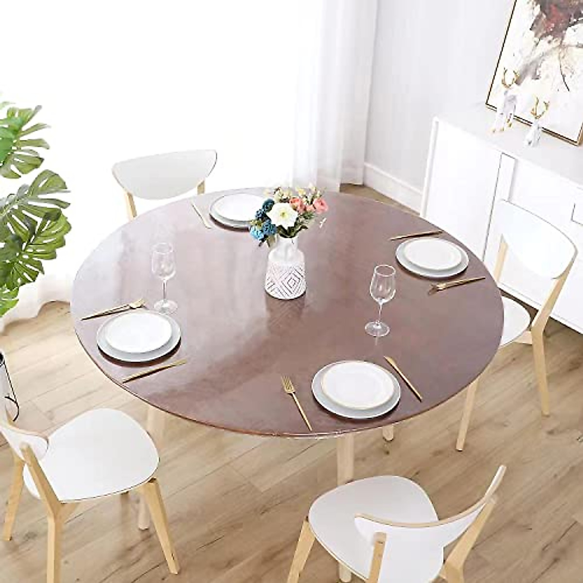 Clear Fitted Vinyl Tablecloth Round Waterproof Oilcloth PVC Table Cover Elastic Edge Design Wipeable Plastic Table Cloth Protector for Dining Tabletop (Round Fits Table up 40"-44" Diameter)