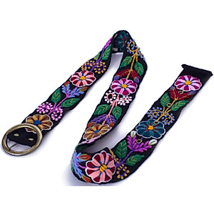 RAYMIS Womens Alpaca Wool Handmade Belt with Colorful Embroidered Flowers (Black)