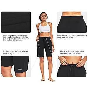 BALEAF Womens Exercise,Basketball,Fitness,Jogging,Walking,Running,Workout,Gym,Yoga Sweat Shorts Long Cotton Bermuda Summer Casual Drawstring Shorts with Pockets, Medium, Black