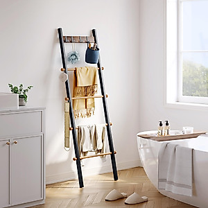 Gewudraw 5 Feet Blanket Ladder,5-Tier Towel Rack Holder with 4 Hooks,Wall Leaning Ladder Shelf, Decorative Ladder Blanket Holder Rack,Farmhouse Home Decor for Living Room,Bathroom,Bedroom,Rustic Decor