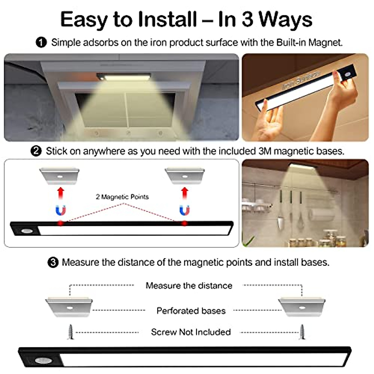 Under Cabinet Lights, 2 Pack 32 LED Closet Lights Motion Sensored Activated & Battery Operated, Wireless LED Under Counter Lights for Kitchen, USB Rechargeable Magnetic Cabinet Lighting for Bedroom