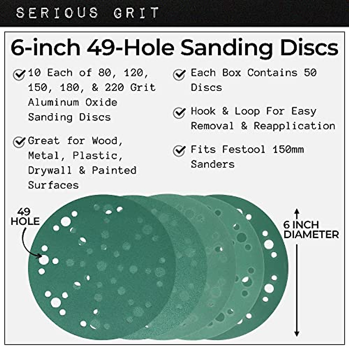 Serious Grit - 6-Inch 49-Hole Sanding Discs Assortment - 80, 120, 150, 180, 220 Grit (10 of Each) - Heavy-Duty Hook & Loop Film Discs - Sandpaper for Random Orbital Sanders - 50 Pack Box