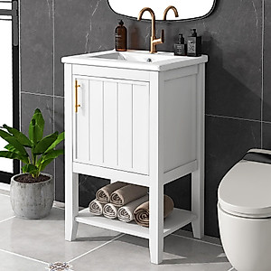 ANTSKU 20 Inch Small Bathroom Vanity with Sink Combo, Modern Single Sink Vanity with Top, Wood Bathroom Cabinet with Ceramic Sink, Soft Closing Door, Storage Rack and Open Shelf (White)