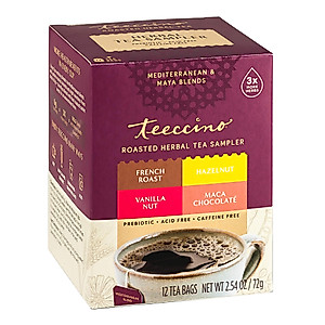 Teeccino Herbal Tea Sampler Assortment - Maca Chocolaté, French Roast, Hazelnut, Vanilla Nut - Roasted Caffeine Free Herbal Tea, Prebiotic for Natural Energy, 12 Tea Bags
