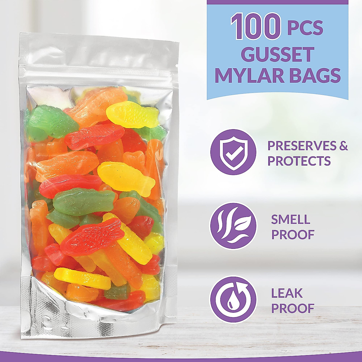 Stand Up Mylar Bags 5.5” x 8” +1.6" Heat Seal For Candy & Food Packaging, Medications And Vitamins - 100 Sealable Mylar Ziplock Bags with Gusset Bottom - For Liquid And Solids (5.5” x 8” + 1.57”)