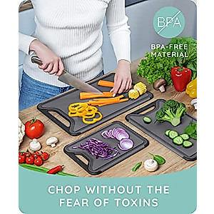 Cutting Boards for Kitchen - Plastic Cutting Board Set of 3, Dishwasher Safe Cutting Boards with Juice Grooves, Thick Chopping Boards for Meat, Veggies, Fruits, Easy Grip Handle, Non-Slip (Black/Gray)