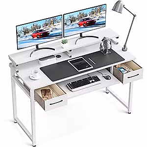 ODK Computer Desk with Keyboard Tray, 47 inch Office Desk with Drawers, Writing Desk with Monitor Shelf and Storage, Work Desk for Home Office/Bedroom, White