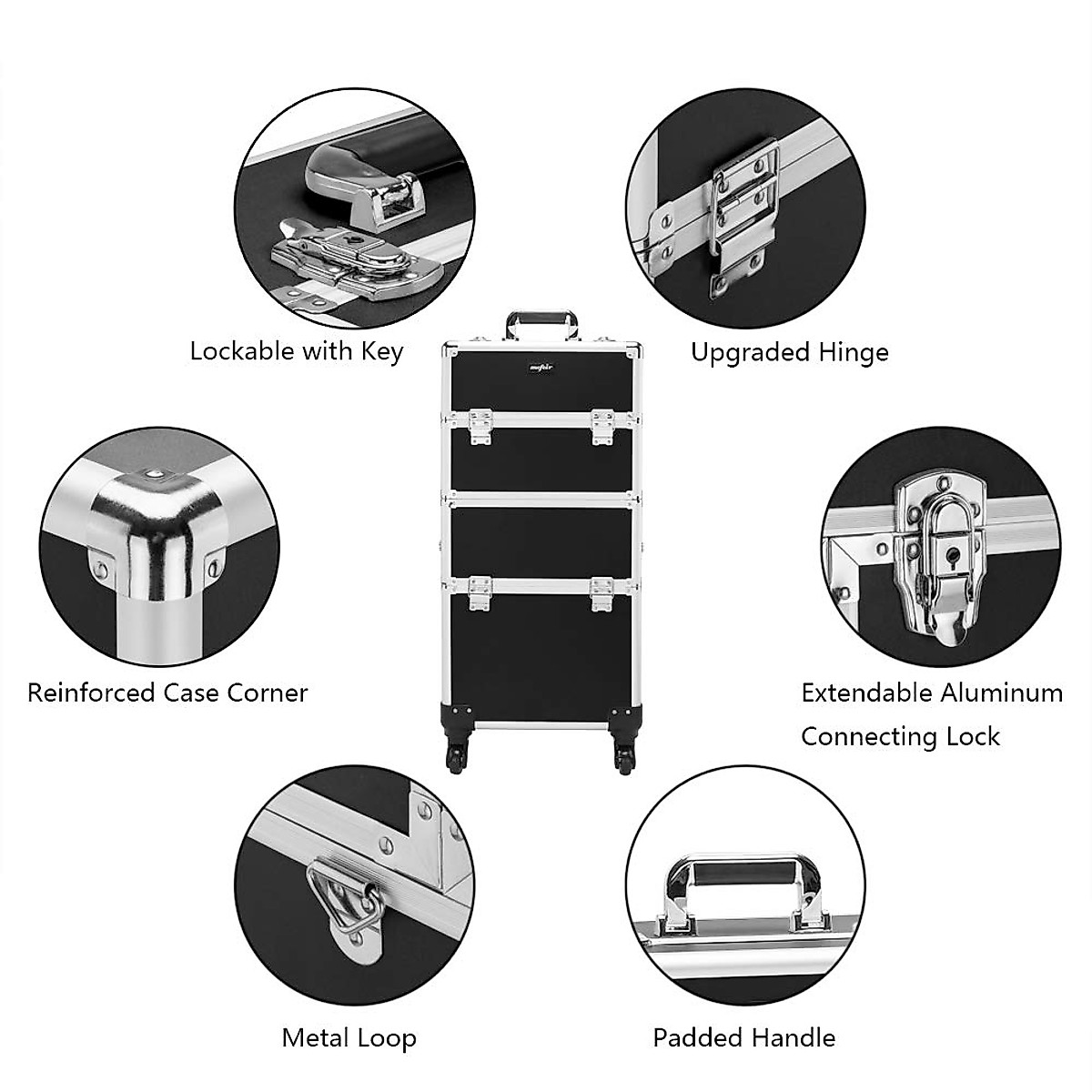 mefeir 3 in 1 Rolling Makeup Train Case, Aluminum Makeup Travel Organizer Cosmetic Case, Cosmetology Display Suitcase on Wheels, Beauty Storage Luggage Lockable w/4 Removable Wheels, Black