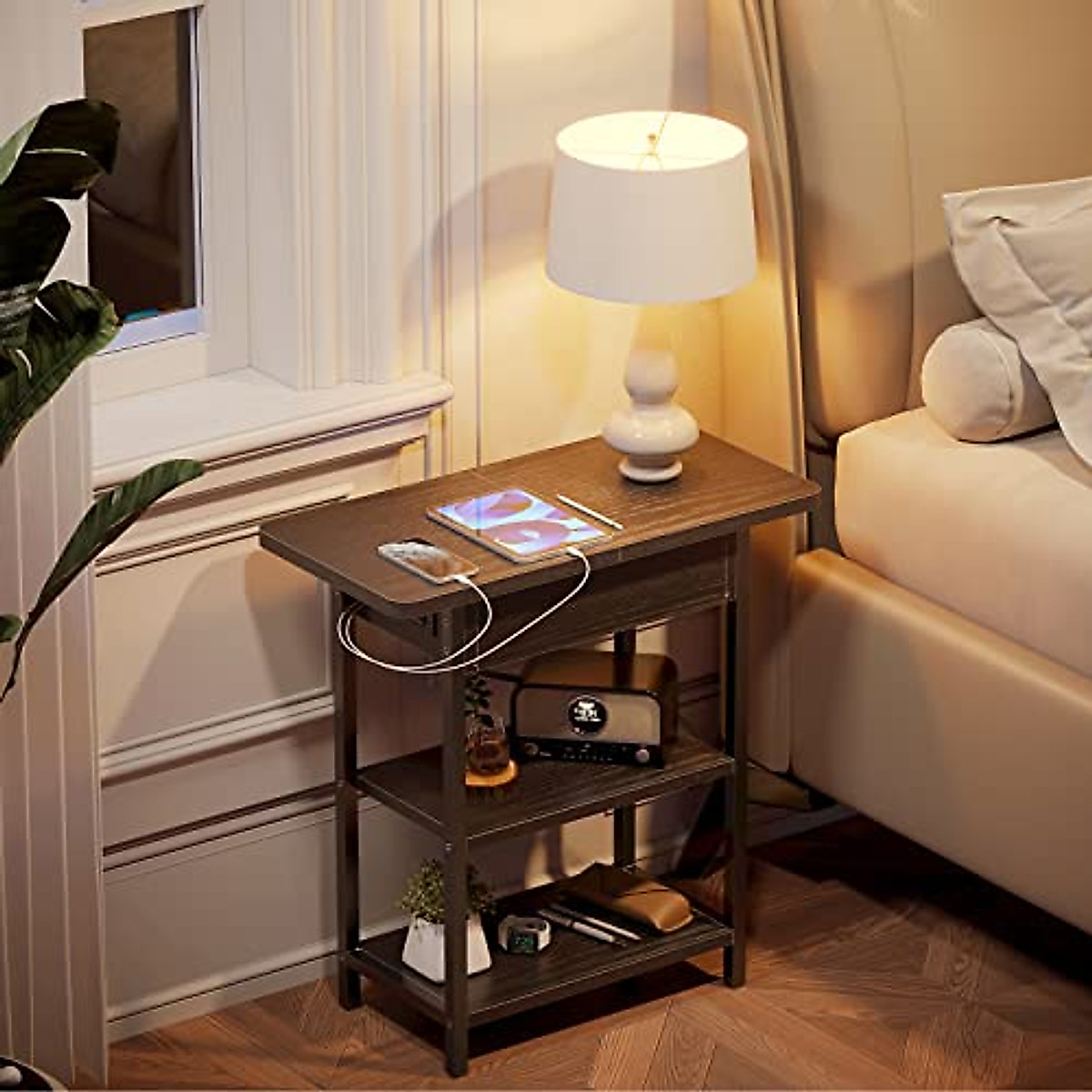 TILLMAO Narrow End Table with Charging Station, Side Table with Storage for Small Spaces, Flip Top Nightstand/Bedside Table/Sofa Couch Table/Slim End Table for Living Room Bedroom Office…