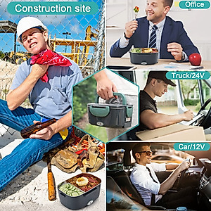 Budth 80W Electric Lunch Box, Portable Food Warmer for Car Truck Office Construction Site, 12V 24V 110-230V Adapter, Leak Proof, 304 Stainless Steel Container, SS fork & Spoon and Carry Bag (Green)