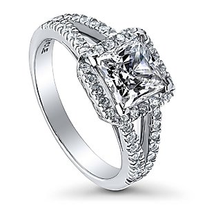 BERRICLE Sterling Silver Halo Wedding Engagement Rings Princess Cut Cubic Zirconia CZ Promise Split Shank Ring for Women, Rhodium Plated Size 6