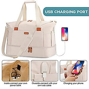 BAGODI Gym Bag for Women, Weekender Overnight Bag with USB Charging Port, Sport Travel Duffel Bag with Wet Pocket & Shoe Compartment, Carry on Tote Bag for Travel/Gym/School 5 Pcs Set, creamy-white