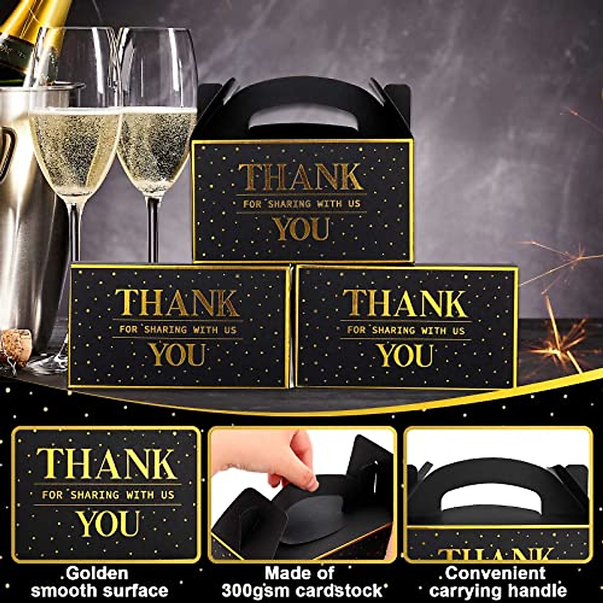 Yahenda 60 Pcs Thank You Gable Treat Boxes Black and Gold Gift Box Thank You Party Favor Boxes Bronzing Small Goodies Gift Wrap Boxes for Birthday Wedding Graduation Party Teacher Appreciation Gifts
