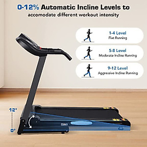 Automatic Incline Treadmill 12-Levels Treadmills Foladable Electric Motorized Running Machine Exercise Equipment 2.5HP Treadmill Running Walking Machine Work for Home Fitness Workout Use Blue