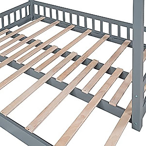 JIVOIT Extending Daybed with Trundle, Twin to King Design Daybed with Roof Design, Wooden House Bed Daybed Frame for Kids Teens Bedroom Furniture, No Box Spring Needed (Gray-Twin to King Design)