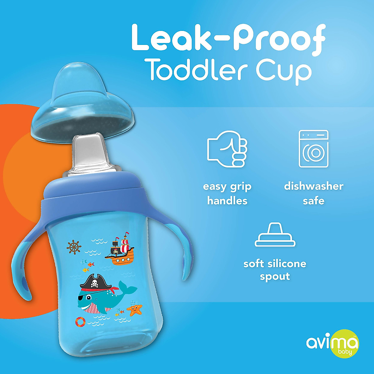 Avima Baby 10 oz Spill Proof Baby Sippy Cup w/Interchangeable Soft Spout Nipple - Trainer Sippy Cup with Handles - BPA Free & Dishwasher Safe Kids Cups - Set of 2, Blue