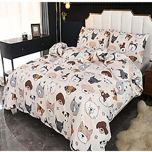 SDY 3PCS Dog Print Pattern Duvet Cover Set Twin, Bed in a Bag Duvet Cover and 2 Pillowcases, Corner Ties and Zipper Closure, Cute Cartoon Puppy Bedroom Decor for Kids, Children, Boys, Girls and Teens