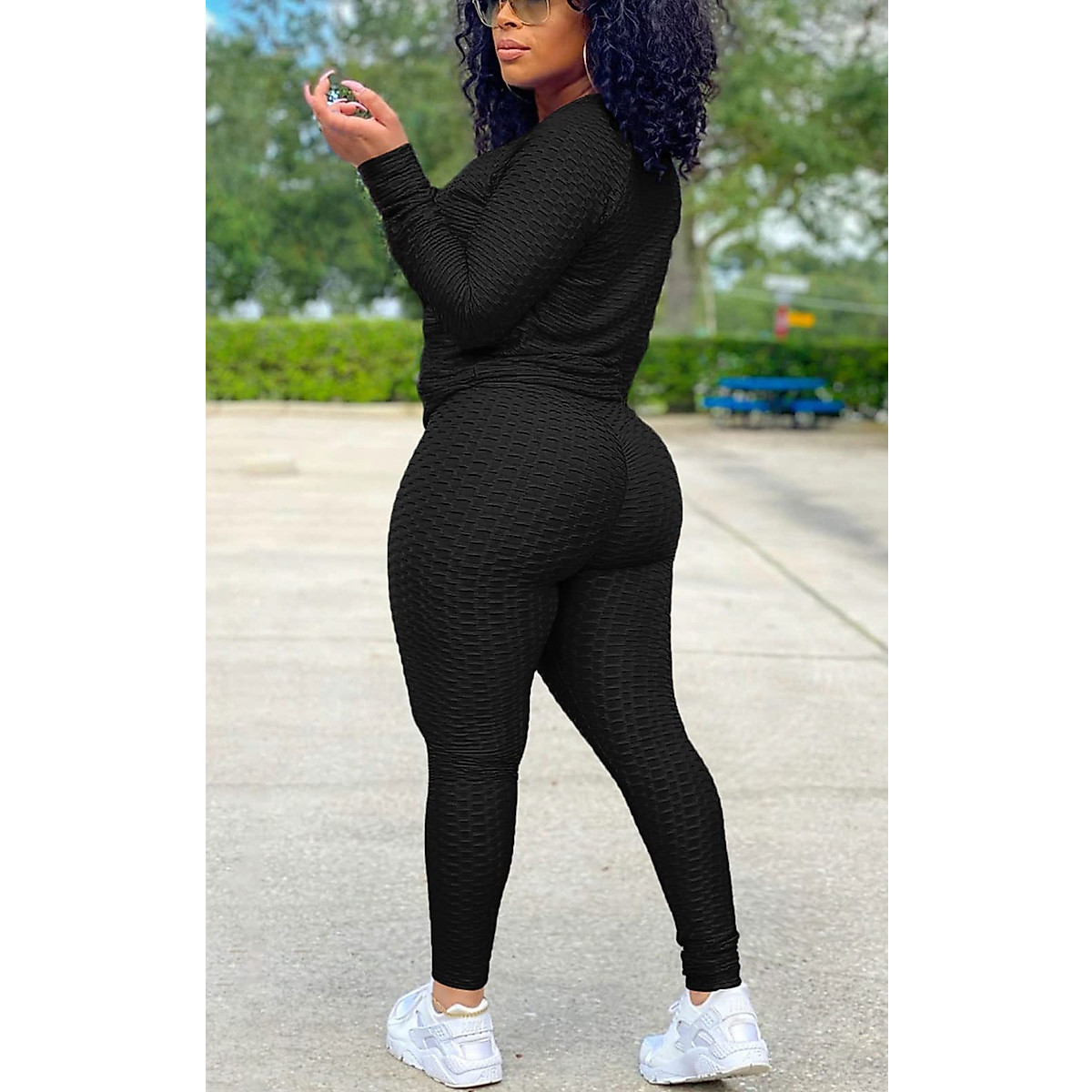 Jogging Suits for Women, Textured Tracksuit Long Sleeve Pullover Shirt and Pants 2 Piece Outfits Set Black L