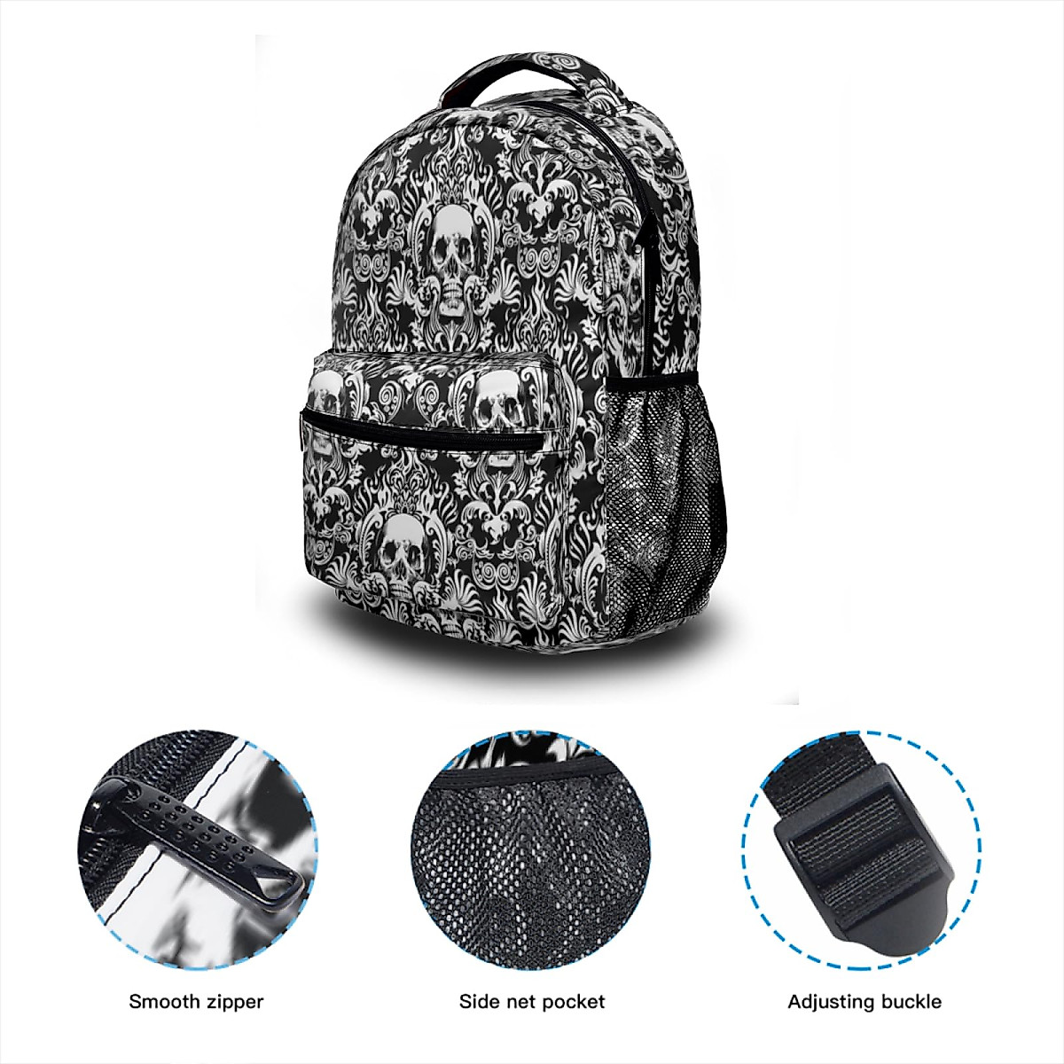 Black Skull Backpack Vintage Floral Casual School Bag Lightweight Zipper Laptop Bookbag Hiking Shoulder Daypack for Women Men