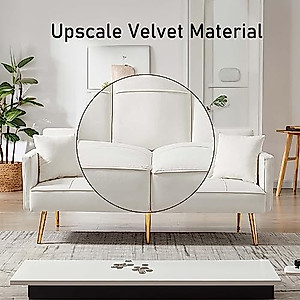 RIDFY 69” Convertible Futon Sofa Bed 2 Cup Holders, Modern Tufted Velvet Sleeper Couch with Metal Legs,Side Pocket,Folding Upholstered Loveseat,Memory Foam Living Seat Daybed,White