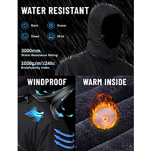 TACVASEN Winter Jacket for Men Skiing Warm Fleece Jackets Hooded Water Resistant Rain Jacket Black Thermal Snowboarding Jacket Windbreaker for Cold Weather