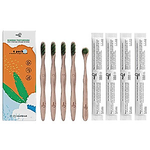 MOTI CO. Bamboo Toothbrushes 4 Pack - Tongue Cleaner Gift Inside - Soft Charcoal Bristles - Eco-Friendly and Biodegradable - Healthier Teeth and Planet